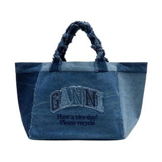 Ganni Denim Tote Bag mit gesticktem Logo - - Bags - Damen - Blau - ONE SIZE