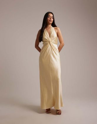 Six Stories Linvit&eacute;e - Robe longue en satin avec d&eacute;collet&eacute; plongeant et d&eacute;tail nou&eacute; - Citron-Jaune