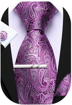 Barry.Wang Cravate carr&eacute;e pour homme Motif cachemire ray&eacute; floral soyeux Poche Boutons de manchette Clip pour f&ecirc;te de mariage formelle daffaires, Violet, blanc, n