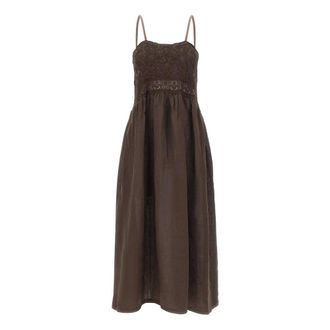 Maurizio Femme, Robes, Brun, Taille: 38 FR Robe Longue en Lin avec Corsage Brod&eacute; et Fines Bretelles