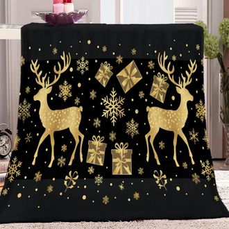Generic Kuscheldecke Weihnachten Hirsch Schneeflocken Geschenke 180 x 200 cm Gold Schwarz, Warm Flauschige Flanell Kuscheldecken F&uuml;r All Seasons, Weiche Druck