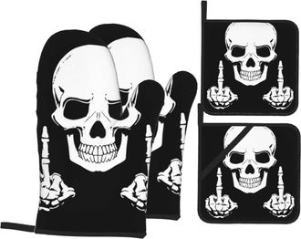 321 4 Stück Polyester Gotischer Totenkopf-Mittelfinger Kochhandschuhe Schwarz Lustig Ofenhandschuhe Hitzebeständige Topflappen-Set Für Die Küche, BBQ, Mik