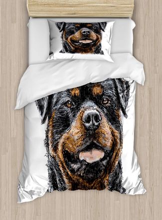 Abakuhaus Rottweiler Bettbezugs Set für Einzelbetten, Hand gezeichnetes Bild von Hund, Milbensicher Allergiker geeignet mit Kissenbezug, 130 x 200 cm,Dunkelgrau