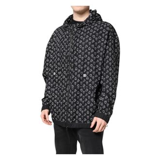 Dolce & Gabbana Veste Coupe-Vent &agrave; Capuche Imprim&eacute; Coeur Noir - Homme - Vestes - Noir - Taille: XL