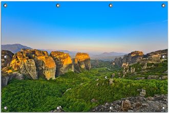 Wallario Outdoor-Poster f&uuml;r Garten oder Balkon Griechische Berglandschaft, Motivbanner Gr&ouml;&szlig;e: ca. 80 x 120 cm, Outdoor-Bild