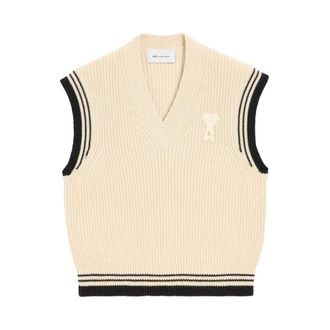 Ami Gerippter &auml;rmelloser Ami De Coeur Pullover aus Wolle - - Knitwear - Herren - Beige - XS