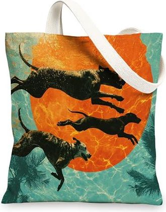 Generic Sac fourre-tout en toile pour chien, imprimé animal coloré, sacs de courses réutilisables, rétro artistique, léger, lavable avec bandoulière, coloré, 