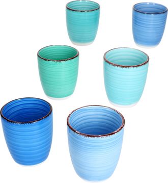 MamboCat 6er Set Blue Mokkabecher I 150 ml I Kleine Becher ohne Henkel aus Steingut für 6 Personen mit verschiedenen Blautönen & Strudel-Dekor I für Espresso, 