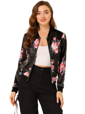 Allegra K Bomberjacke f&uuml;r Damen, lang&auml;rmelig, l&auml;ssig, Rei&szlig;verschluss, Blumendruck, Oberteil, Windbreaker mit Tasche, schwarz/pink, L