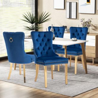 Generic Samtgepolstertes, Getuftetes Esszimmerstuhl-Set Mit Nagelkopfbesatz Und Beinen Aus Massivholz - Beige (für Esszimmer, Küche, Restaurant)(Gold-deep Blu