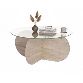 Dmora Cugnoli Couchtisch, rund, Glasplatte, transparente Ablage, 75x75x35h cm, Wei&szlig; Marmor