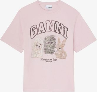 Ganni T-shirt &agrave; imprim&eacute; animaux Rose Coton biologique - Taille S - Pour Femme