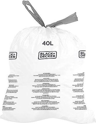 Black+Decker BXBB00040E Kordelzug, 20 Stück, weiß, 40 l Müllbeutel