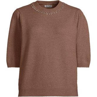 Lands End Kurzarm-Pullover Wool Touch mit Strassverzierung, Damen, Größe:48-50 regular, Braun, Wolle/Polyester/Viskose, by Lands End
