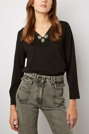 Gerard Darel T-shirt uni au col V d&eacute;cor&eacute; de diamants - ARIELLE - Noir