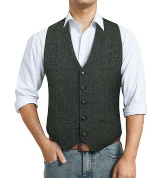 Hisdern Weste Herren Tweed Westen f&uuml;r M&auml;nner Vintage Anzug Weste Fischgr&auml;tmuster Wolle Anzugweste Grau XS