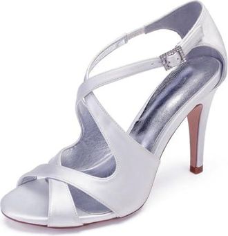 Generic Escarpins Femme Bout Ouvert Mariée Btide Cheville Boucle Satin Stylet Sandales Chaussures De Mariee Bal Dress Fête 10.5Cm,Blanc,37 EU