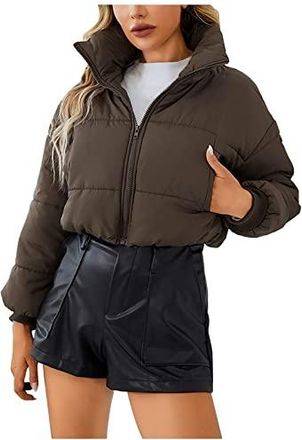 Generic Vestes pour femmes automne et hiver 2026 &agrave; manches longues couleur unie poche zipp&eacute;e stand chaud d&eacute;contract&eacute; pain veste haut, marron, M