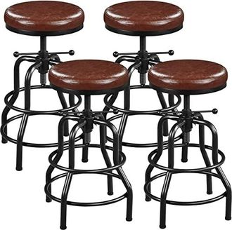 Yaheetech Lot de 4 Tabouret de Bar Industriel en Similicuir Tabouret Haut Rond Réglable en Hauteur avec Deux Repose-Pieds Chaise de Cuisine Cadre en Métal pour 