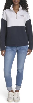 Tommy Hilfiger Damen-Sweatshirt mit Stehkragen und Colorblock-Fleece, 1/4-Rei&szlig;verschluss, Bright White/Sky Captain, M