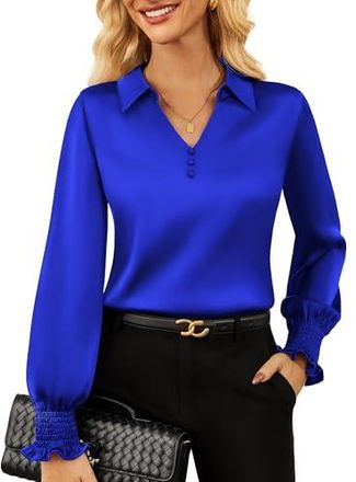 Grace Karin Femme Chemisier en Satin Manches Longues Haut de Soirée Blouse de Travail Top Festif et Habillé Bleu Royal XXL