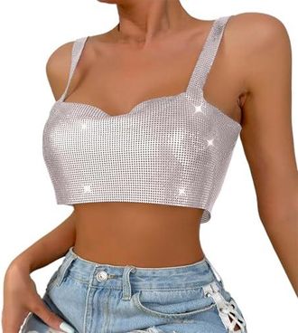 Generic D&eacute;bardeur d&eacute;contract&eacute; brillant pour femme, caraco &agrave; paillettes scintillantes, sans manches, chemises tendance &agrave; paillettes et bretelles spaghetti, d&eacute;b