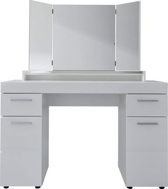 Trendteam Amanda - Schminktisch - Weiß Hochglanz - Schreibtisch mit Aufsatzspiegel klappbar 1 Tür und 2 Schubladen - (BxHxT) 120 x 141 x 41 cm - Kosmetikschrank