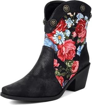 Generic Bottines Western Dessiné Floral pour Femmes, avec Talons Bloc À Bout Pointu, en Cuir Synthétique Doux, Semelle Antidérapante, Bottes De Mode.,Noir,36 