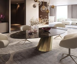 DELIFE Esstisch Edge Oval 280x130 Keramik Emperador Extra Lucidato Dunkelbraun Parabel Metallic Gold, Esstische