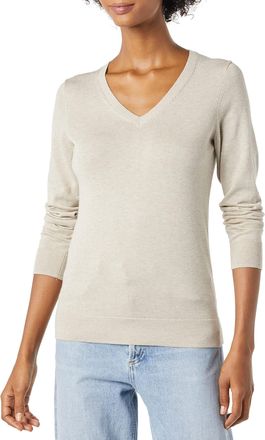 Amazon Essentials Damen Leichter, langärmeliger Pullover mit V-Ausschnitt (erhältlich in Übergröße), Klassische Passform, Haferbeige meliert, XX-Large