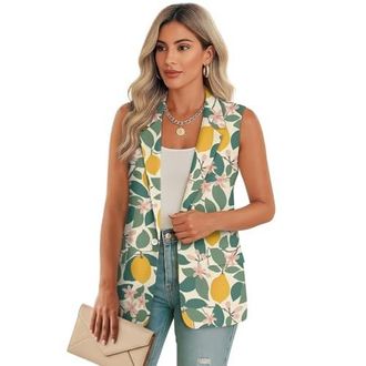 CHAQLIN Veste blazer à col en V boutonnée pour femme, citron, 3XL