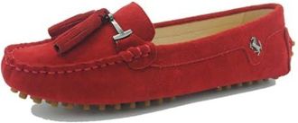 MGM-Joymod Mocassins plats confortables en cuir avec boucle à pompon pour femme, Daim rouge, 39.5 EU