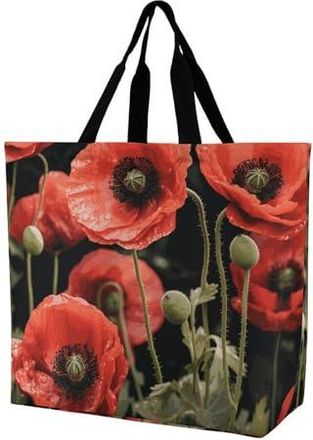Generic Fleurs Et Feuilles De Coquelicots Rouges Sac A Main Femme Pliable Sacs De Courses D&eacute;contract&eacute; Sac A Main Femmes Pour Plage Travail Shopping
