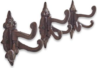 Loberon Haken 3er Set Gratton, Authentisches Vintage-Design, Horizontal Beweglich, Dreifach-Wandhaken, Garderobe, Ordnungshelfer, Gusseisen, antikbraun