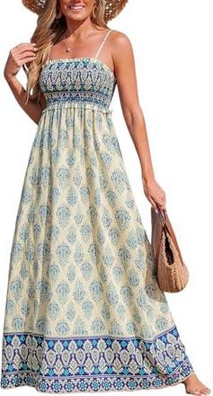 Cupshe Robe longue dété à smocks pour femme - Sans manches, avec bretelles spaghetti et volants - Longue robe de plage formelle, Imprimé bleu., Taille XL