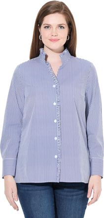 Ulla Popken Damen gro&szlig;e Gr&ouml;&szlig;en &Uuml;bergr&ouml;&szlig;en Plus Size Streifenbluse, R&uuml;schen, Stehkragen, Langarm