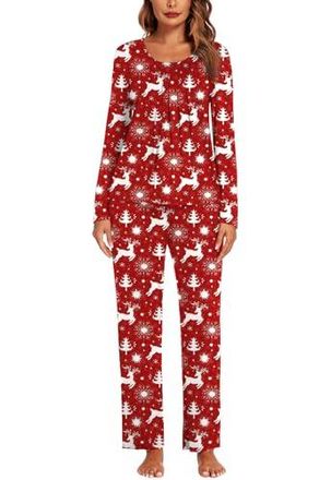 Ekouaer V&ecirc;tements De Nuit Chaud Pyjama Femmes Hiver Pyjama 2 Pi&egrave;ces Col Rond Manches Longues Haut et Bas Ensembles Longs, No&euml;l, S