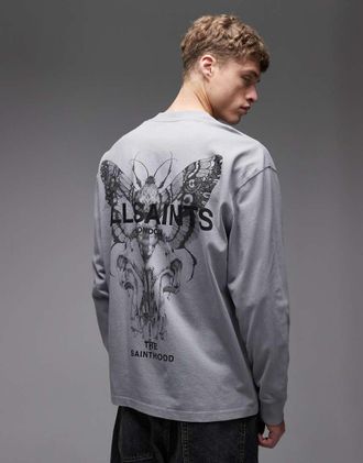 AllSaints Hallis - T-shirt &agrave; manches longues et logo graphique au dos - Gris