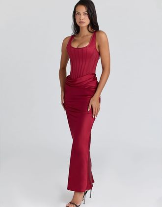 House of CB Kira - Robe corset longue en satin - Rouge