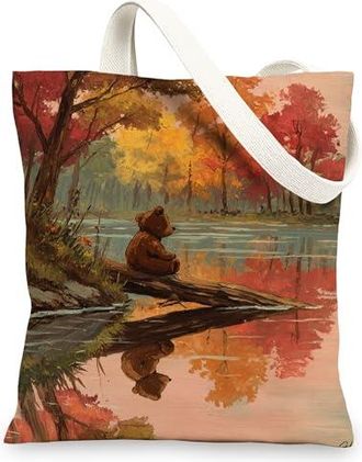 Generic Sacs fourre-tout en toile motif ours, scène naturelle, sacs réutilisables respectueux de lenvironnement, vintage, légers, lavables en toile pour salle