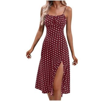 Generic Robe Ete Femme Mi Longue, Robe dété sans Manches pour Femme Robes de Plage été à Bretelles Spaghetti Ajustables Floral Fente Slim Fit Décontractée,Vin