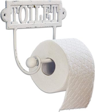Loberon Toilettenpapierhalter Miramas, mit Schriftzug, Antik-Finish, Wandhalterung, Badzubehör, Bad-Accessoire, Eisen, antikweiß