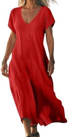 Generic Robe de plage d&eacute;t&eacute; en coton &agrave; manches courtes et col en V pour femme - Robe longue confortable et fluide, Rouge, XXL