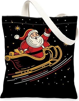 Generic Sacs fourre-tout en toile motif tra&icirc;neau du P&egrave;re No&euml;l, sacs d&eacute;picerie r&eacute;utilisables, style vintage de No&euml;l, l&eacute;gers et lavables avec bandouli&egrave;re pour l