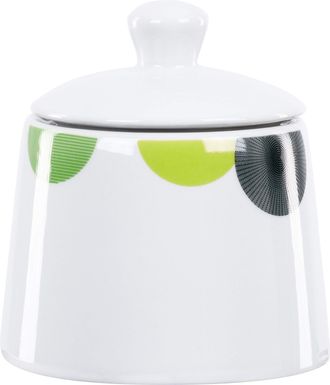 Van Well | Zuckerdose Rondo mit Deckel | 250-300 ml | runder Zucker-Spender | abstraktes Design | Retro-Kreise gr&uuml;n-gelb | edles Porzellan-Geschirr