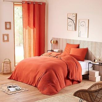 Univers Décor UNIVERSDECOR Parure de draps Noah Gaze de Coton pour lit 2 Places (Terracotta, Parure 4P pour lit 140 x 190 cm)