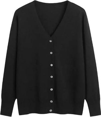 Generic Cardigan en tricot &agrave; col en V pour femme avec bordure c&ocirc;tel&eacute;e &agrave; manches longues simple boutonnage &eacute;l&eacute;gant, noir, Taille XL