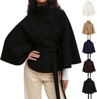 Generic Ponchos à manches chauve-souris pour femme, manteau en laine mélangée, surdimensionné, court, élégant, col montant, vêtements dextérieur avec ceinture