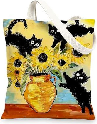 Generic Sac fourre-tout en toile motif chat et tournesol, motif floral amusant, réutilisable, fantaisie, léger, lavable, jaune, 13x15 Inch