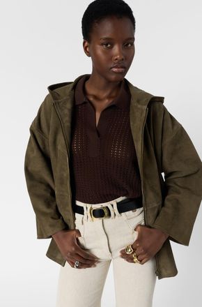 Gerard Darel Manteau court &agrave; capuche en cuir velours - TASSYA - Vert Kaki